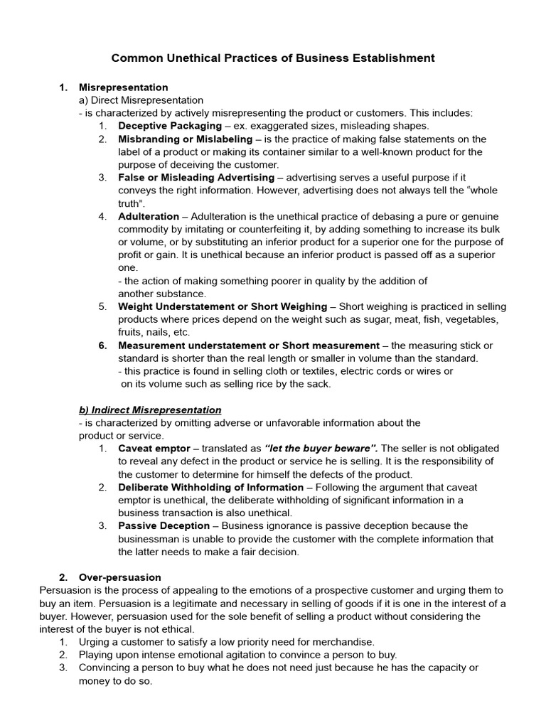 Common Unethical Practices of Business Establishment | Download Free ...