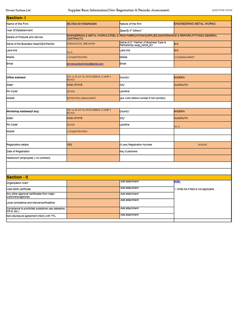 Triveni Turbine Supplier Registration Info | PDF | Business