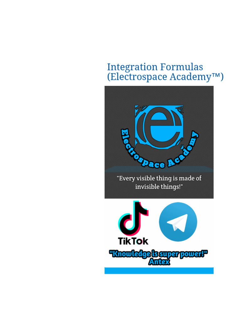 Integration - Formulas (Electrospace Academy™) | PDF | Trigonometric Functions | Calculus