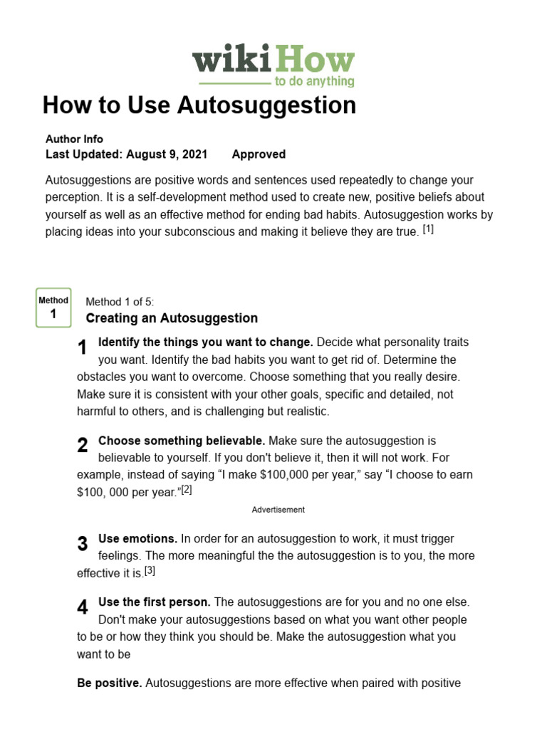 5 Ways To Use Autosuggestion - Wikihow | PDF | Meditation | Mental Image