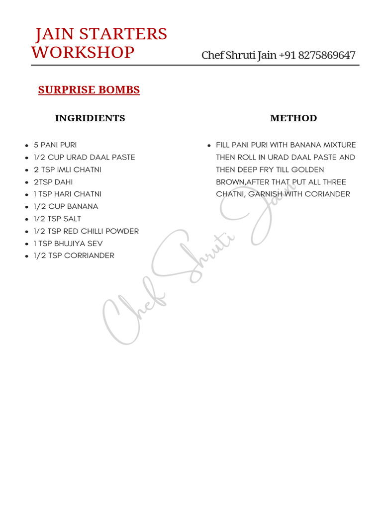 Jain Starters Workshop - Recipe | PDF | Chutney | Chili Pepper