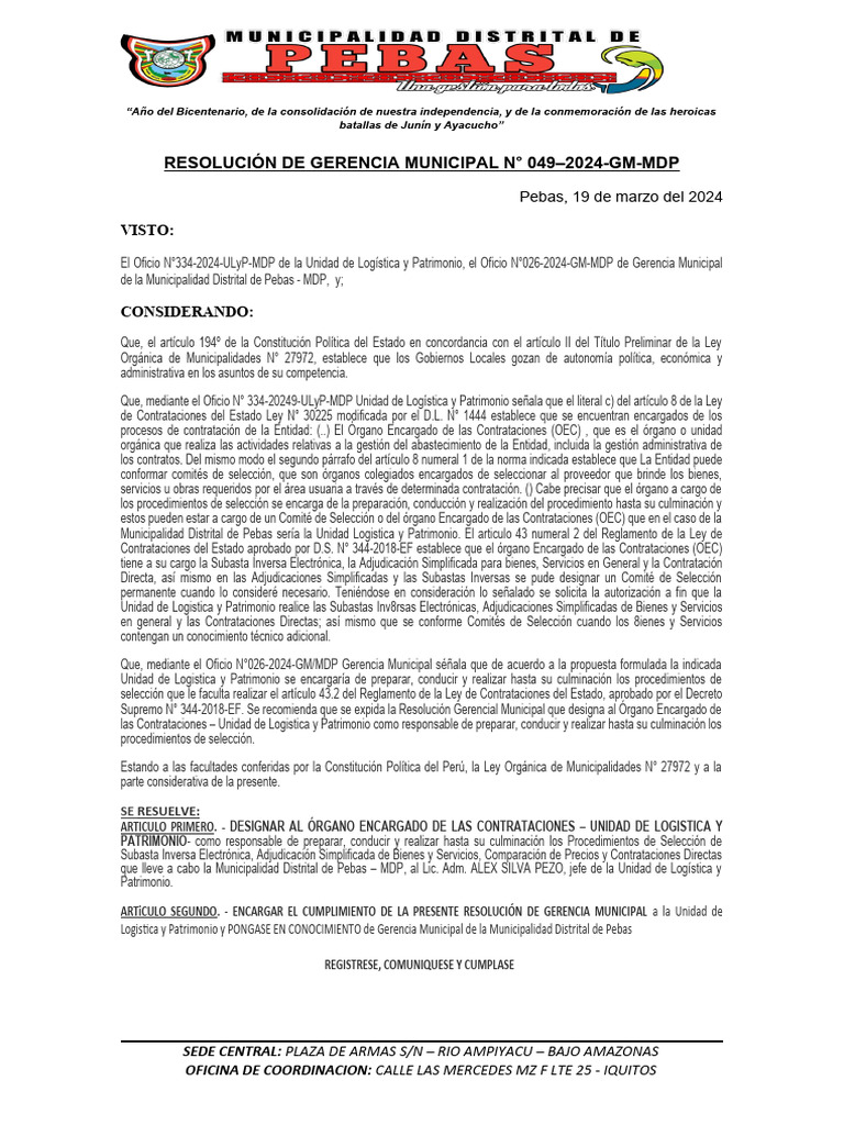 Resolucion Gerencial Oec 2024 Pebas | PDF | Logística | Gobierno