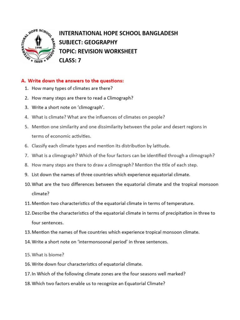 Geography Revision Worksheet for Class 7 | PDF | Forests | Tropics