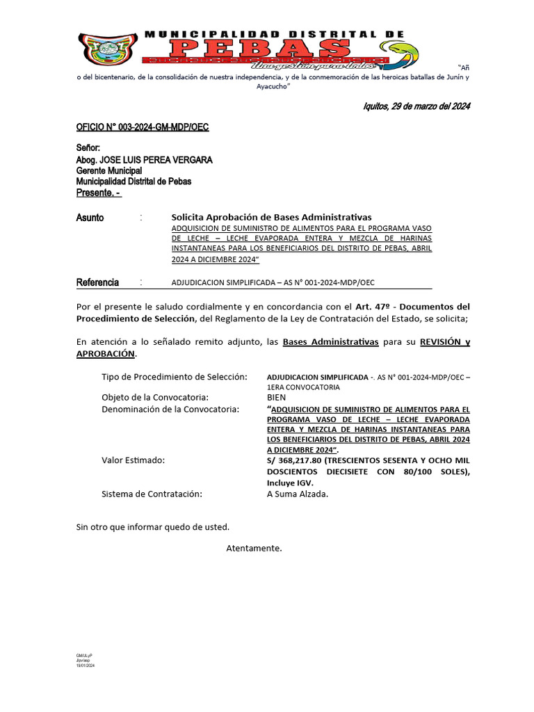 Oficio #003-2024 Aprob Bases As Vaso de Leche Oec 250324 | PDF