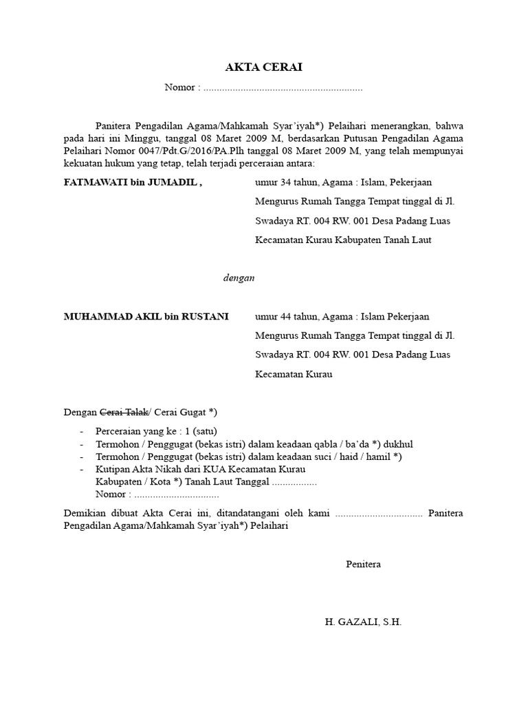 Contoh Akta Cerai Pengadilan Agama | PDF