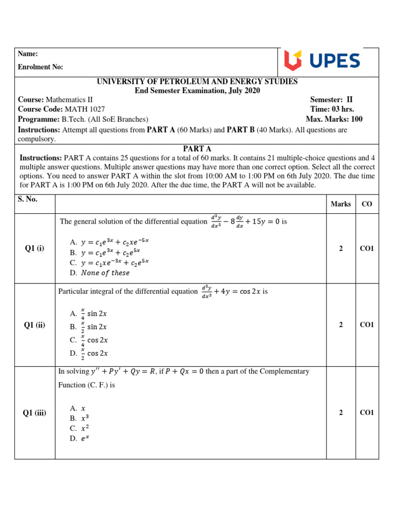 Upes 2020 Question Paper | PDF | Equations | Differential Equations
