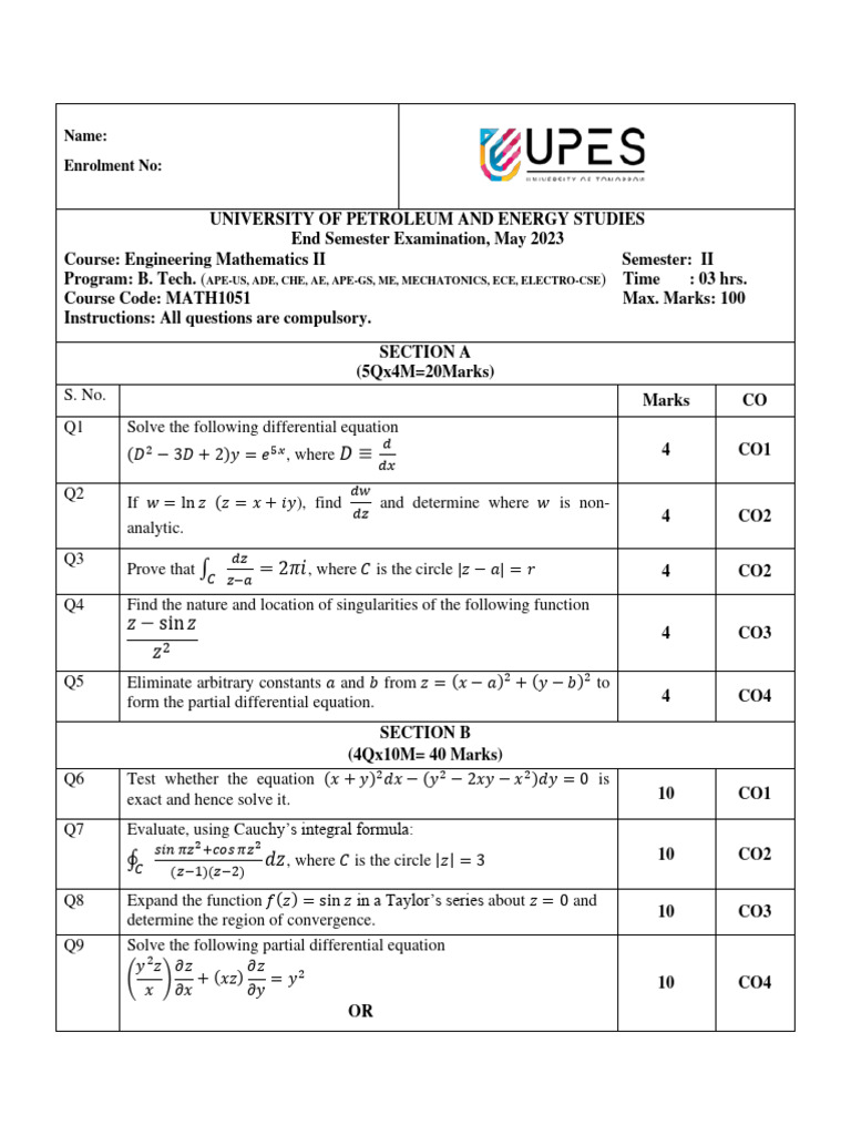 Upes 2023 Question Paper | PDF | Equations | Partial Differential Equation