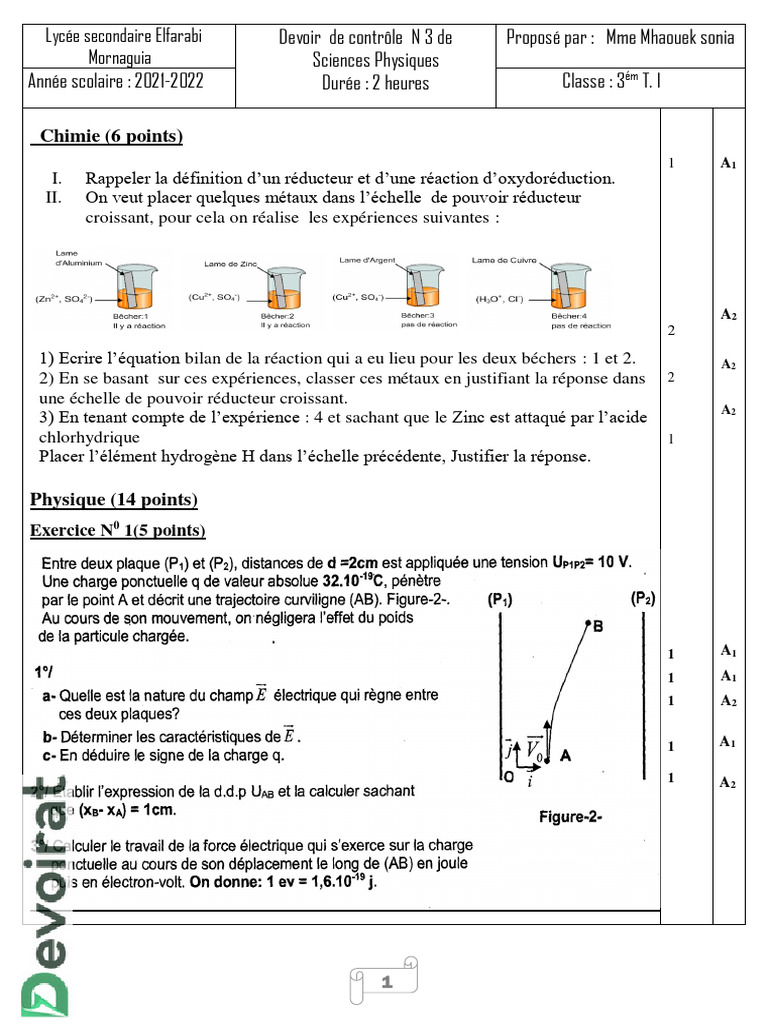 Devoir de Contrôle N°3 - Sciences Physiques - 3ème Informatique (2021 ...