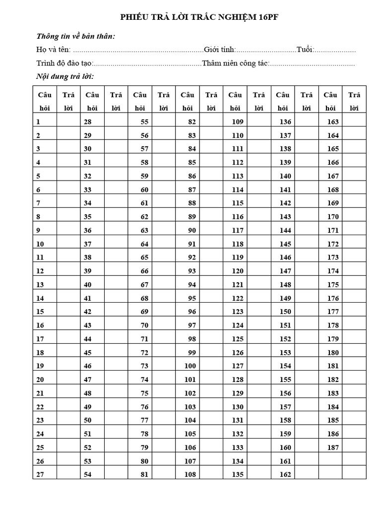Phiếu Trả Lời-Pf16 | PDF