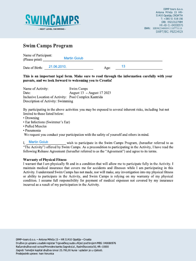 Swim Camps Waiver MG | PDF
