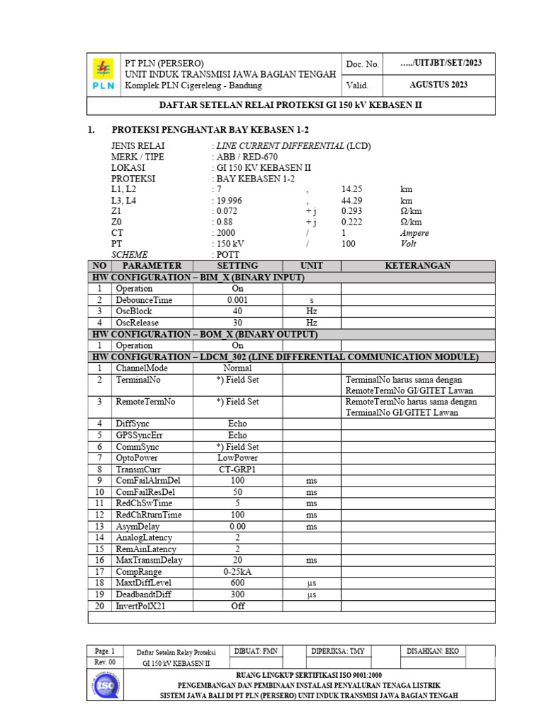 Relay Settings for GI 150 kV Kebasen II | PDF | Electric Power | Electrical Engineering