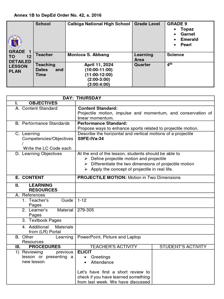 Grade 9 Science Lesson Plan: Projectile Motion | PDF | Projectiles ...