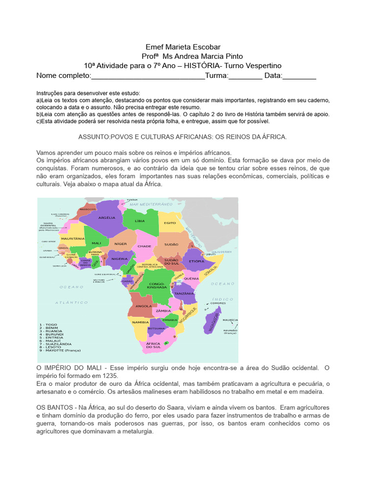 7ºANO-10ª ATIVIDADE.POVOS E CULTURAS AFRICANAS_ OS REINOS DA ÁFRICA. | PDF | África | Brasil