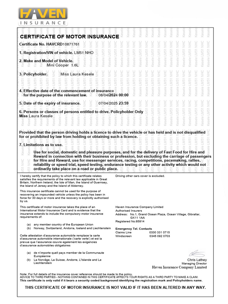 Haven - Lm51nho. | PDF | Insurance | Vehicle Insurance