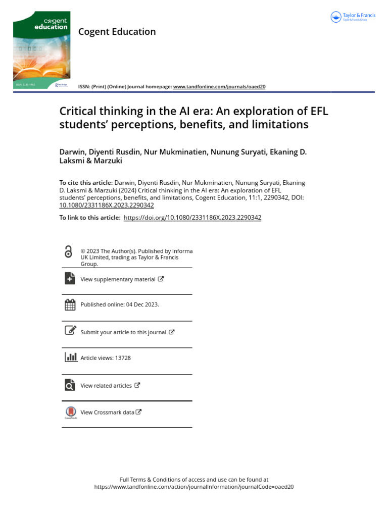 Critical Thinking in The AI Era An Exploration of EFL Students Perceptions Benefits and ...