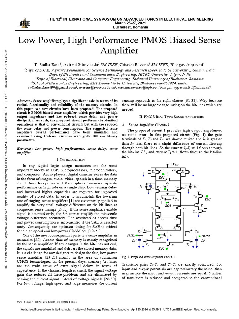 Low Power High Performance PMOS Biased Sense Amplifier | PDF | Amplifier | Cmos