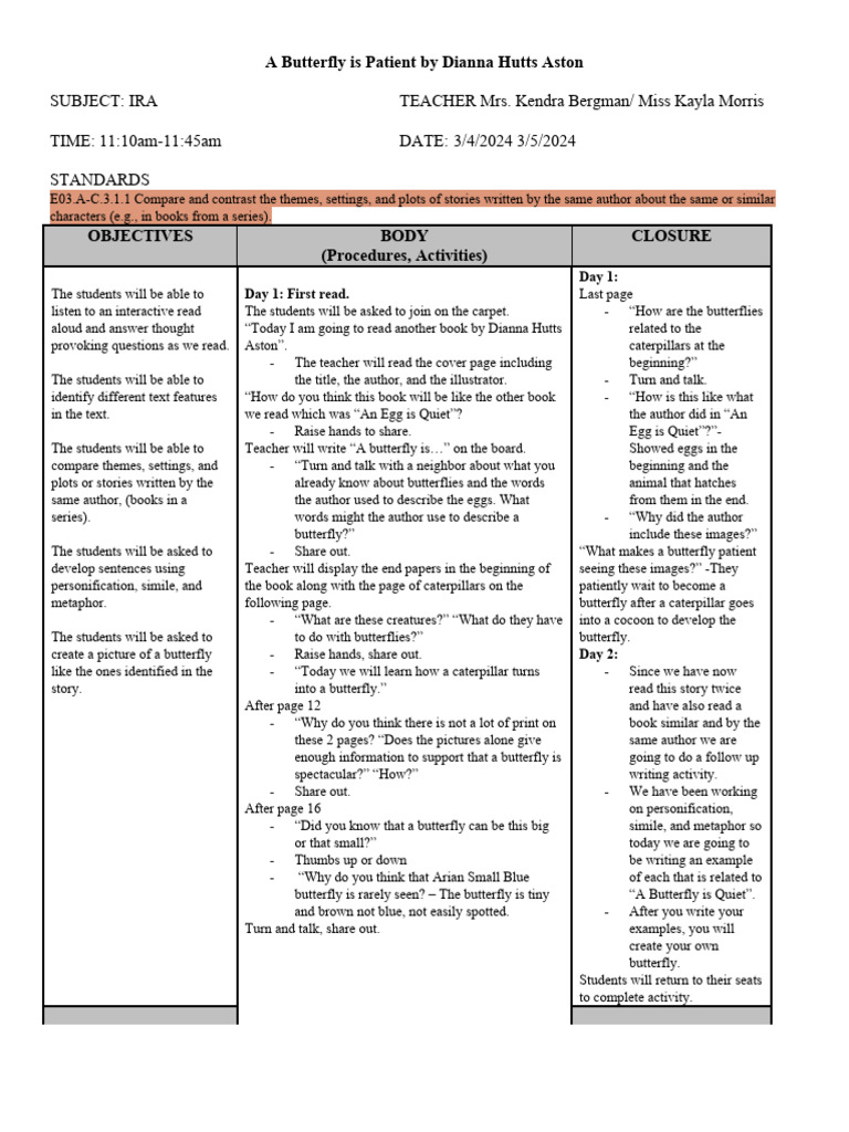 Ira Lesson Plan A Butterfly Is Patient | PDF | Reading Comprehension ...