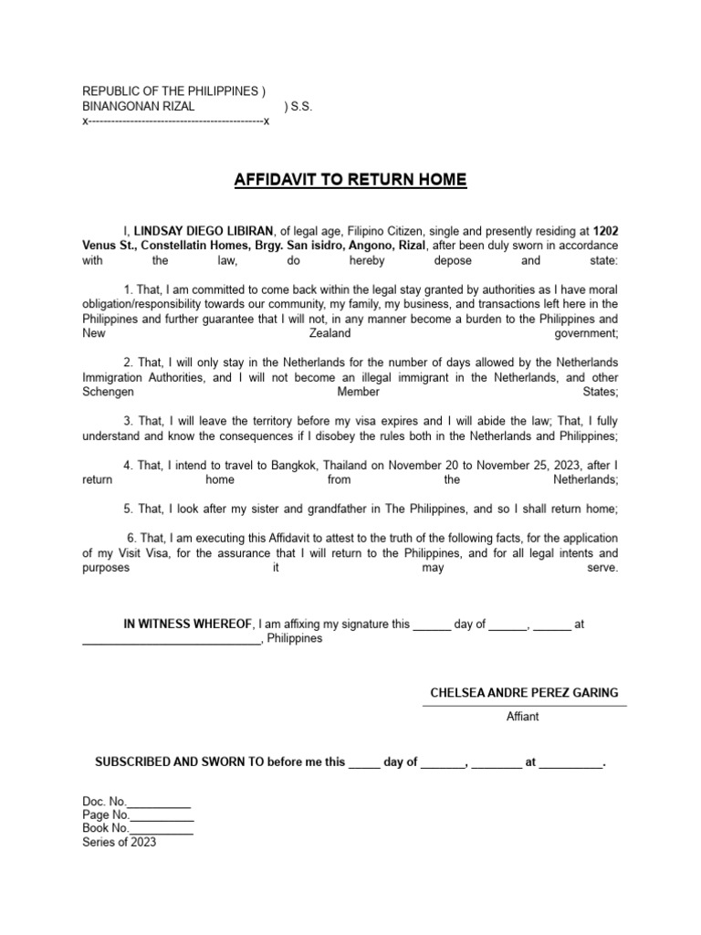 Affidavit To Return Home | Download Free PDF | Affidavit | Travel Visa