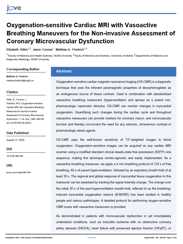 Jove Protocol 64149 Oxygenation Sensitive Cardiac Mri With Vasoactive ...