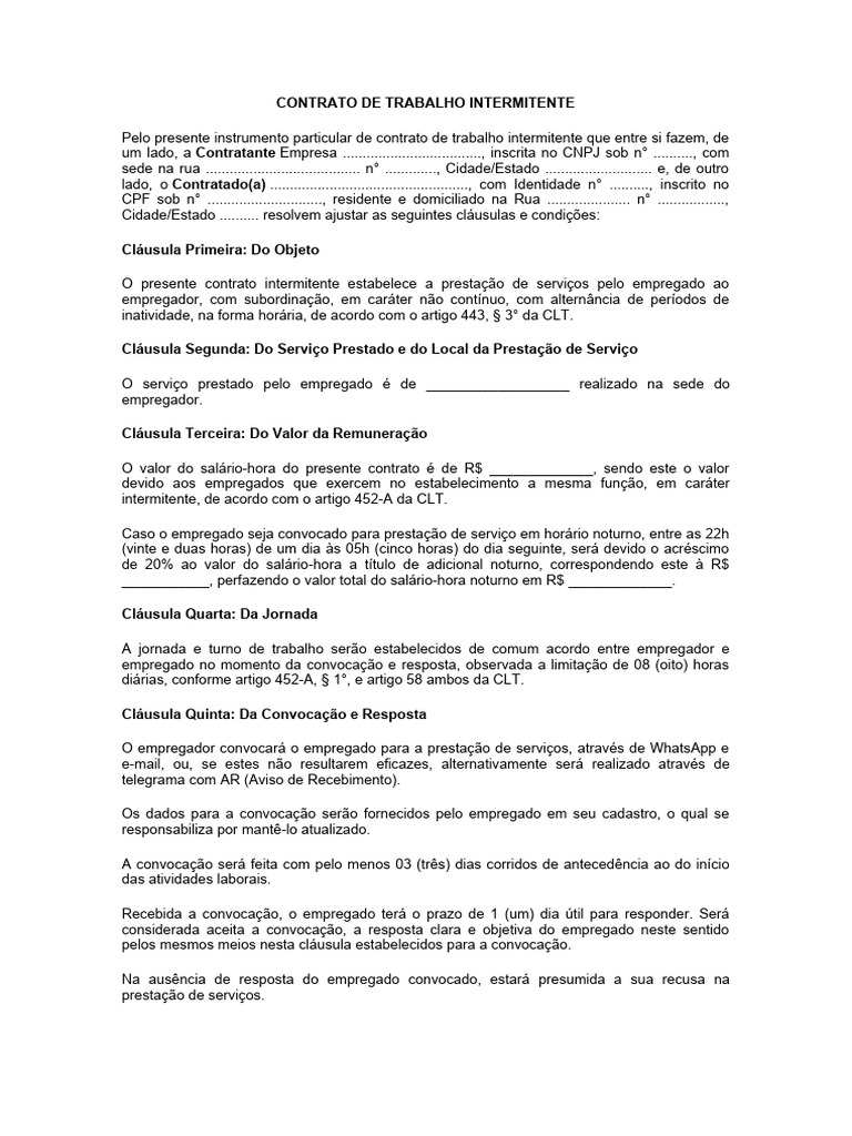Modelo - Contrato Intermitente | PDF | Férias trabalhistas | Business
