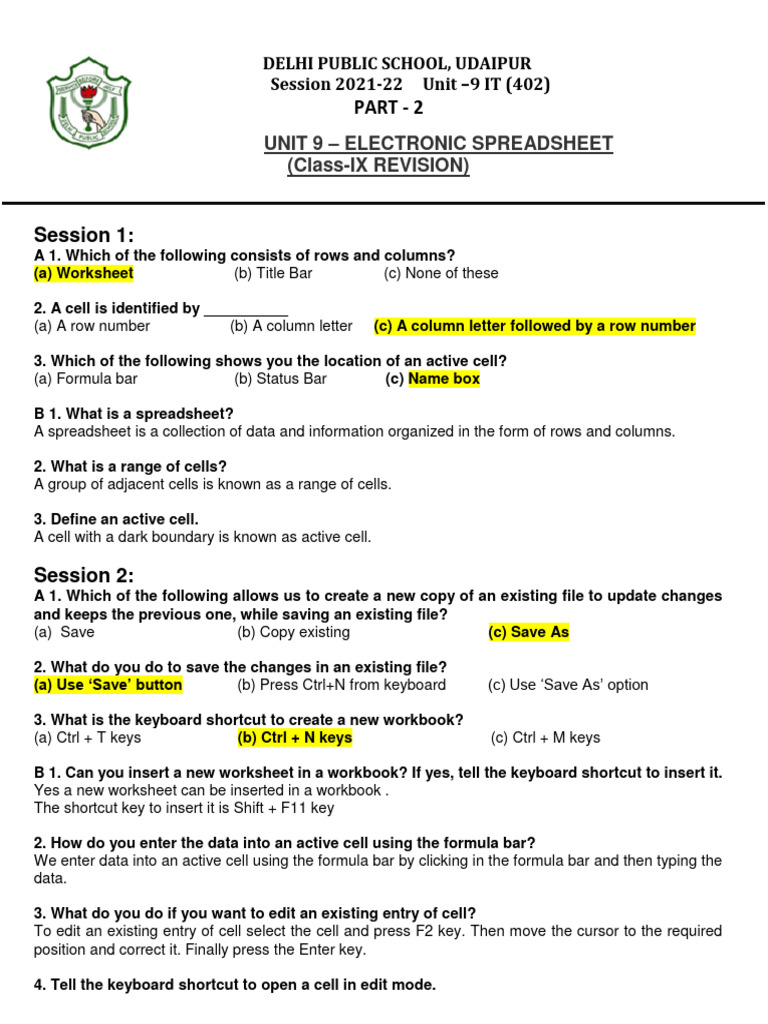 Electronic Spreadsheet Revision Part - 2 | PDF | Microsoft Excel ...