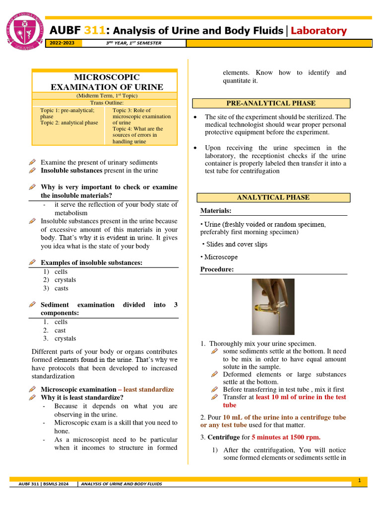 Aubf Midterm 1st Topic - Microscopic Examination of Urine | PDF