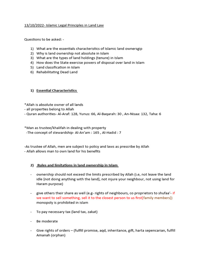 Lecture Notes Islamic Principles in Land | PDF | Ownership | God In Islam