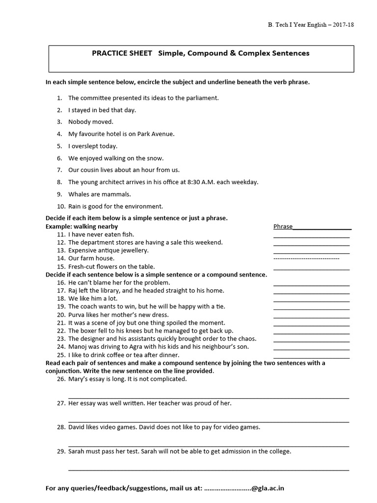 Simple Compound Complex PRACTICE SHEET | PDF | Syntax