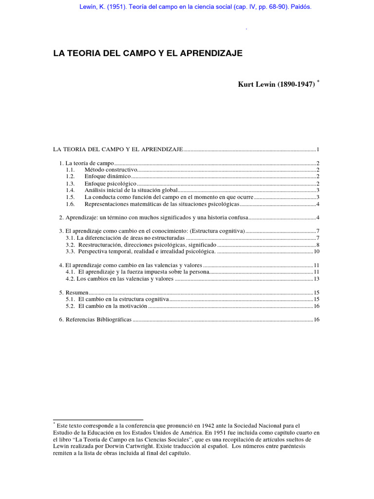 Lewin La Teoria Del Campo y Del Aprendizaje Cap IV 68-90 | PDF | Sicología | Aprendizaje