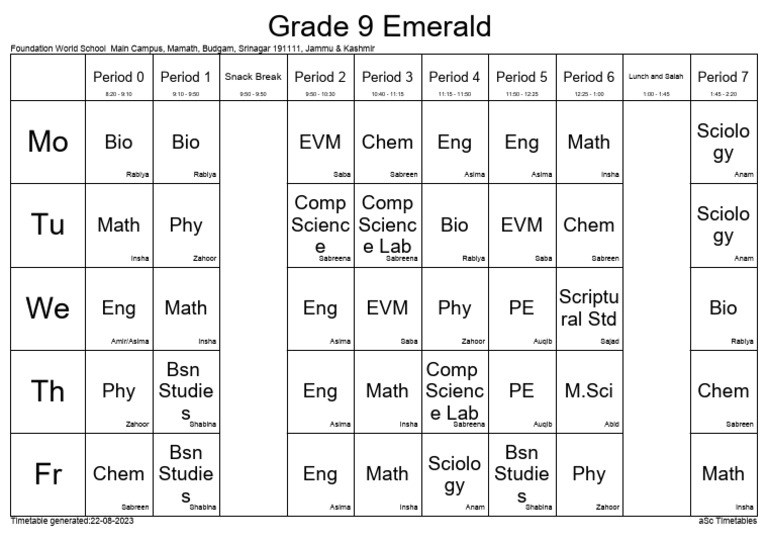 Revised Timetable Grade 9 Emerald | PDF