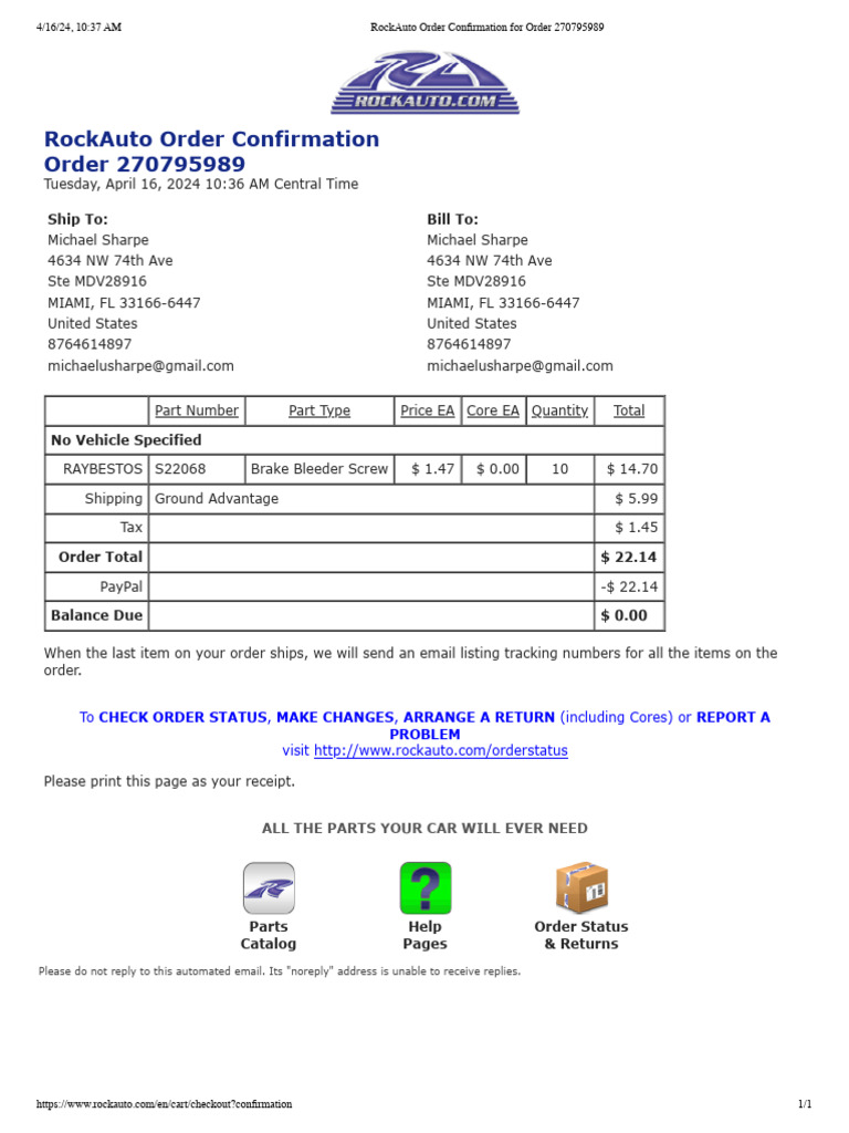 RockAuto Order Confirmation For Order 270795989 | PDF | Vehicles