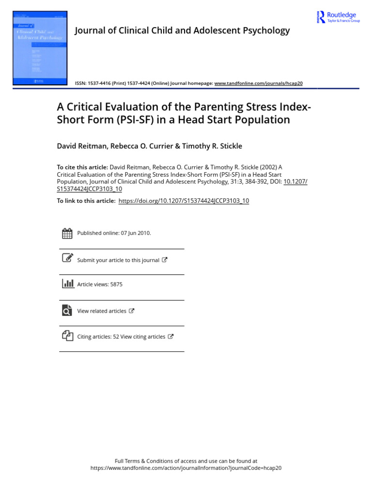 A Critical Evaluation of The Parenting Stress Index-Short Form PSI-SF ...