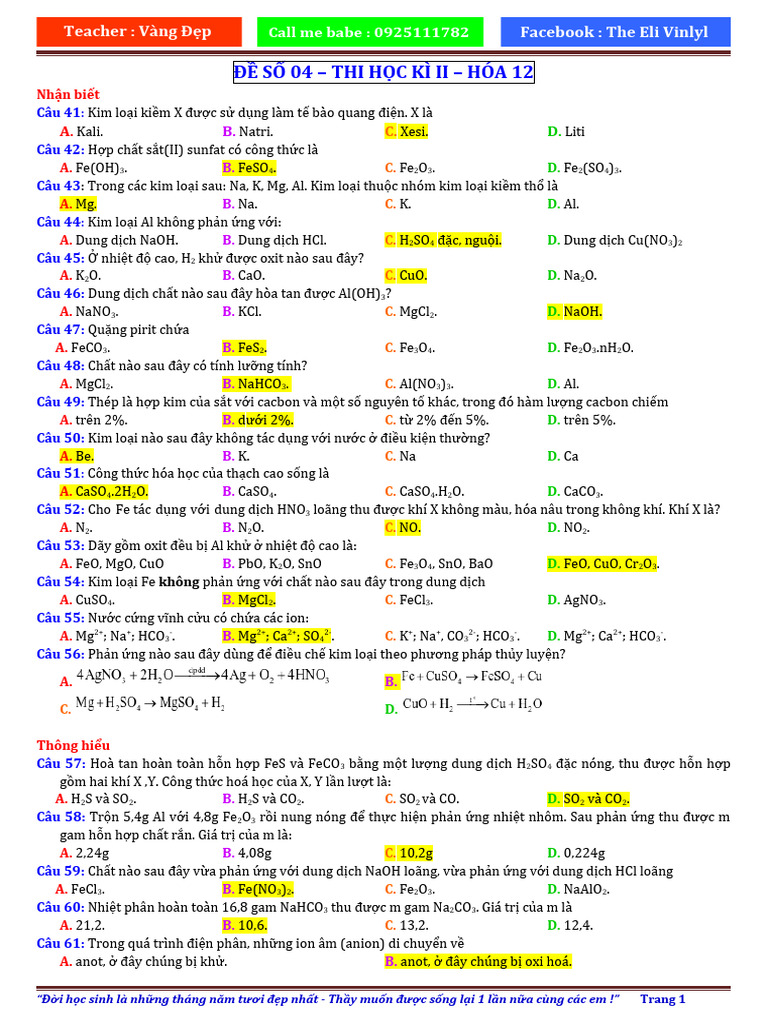 6 DE THI HOC KI II HOA 12 SIEU PHAM CAU VANG de 4 | PDF