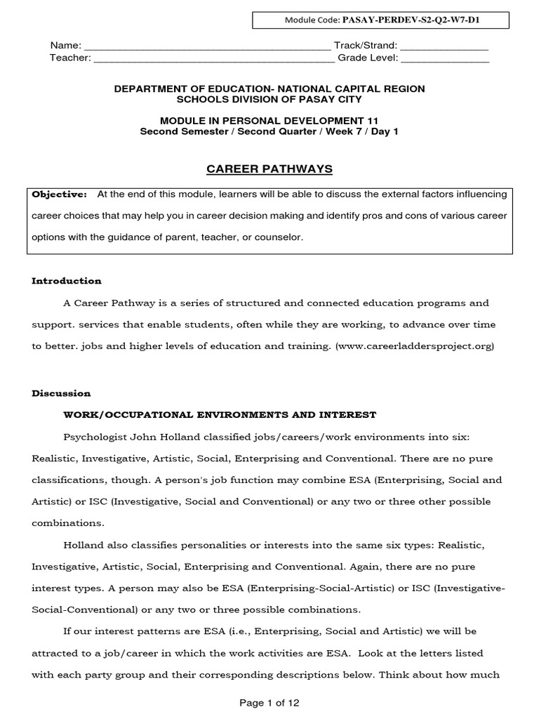 Career Pathways in Personal Development | PDF | Teachers | Employment