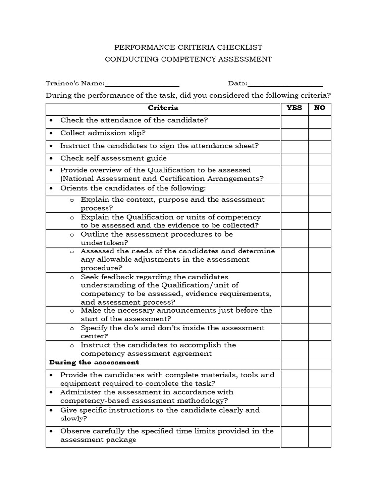 Performance Checklist Conducting Competency Assessment | PDF