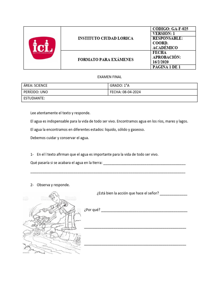Examen Final de Ciencias Primer Periodo | PDF