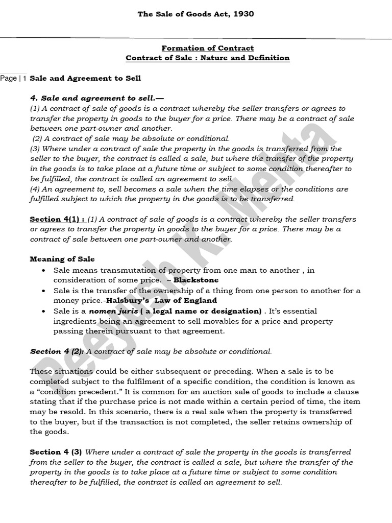 Formation of Contract The Sale of Good Act, 1930 | PDF | Credit Card ...