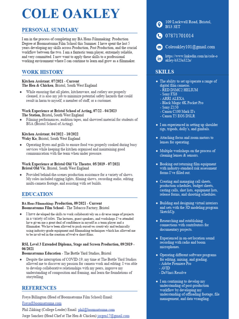 Cole Oakley - CV | PDF | Filmmaking