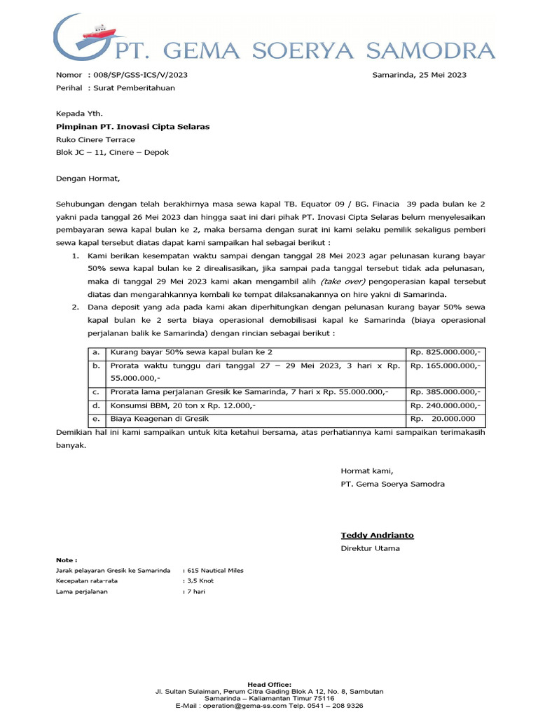 Surat Pemberitahuan Rencana Off Hire Kapal | PDF