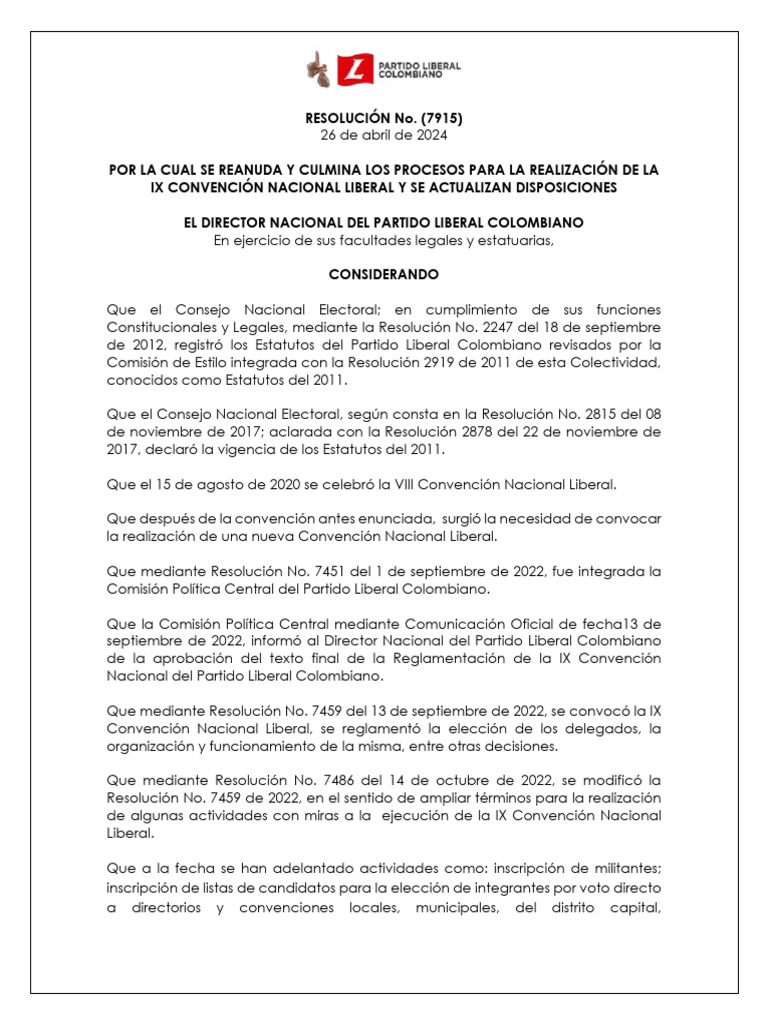 7915 Resolución Ix CNL 11 | PDF | Bogotá | Votación