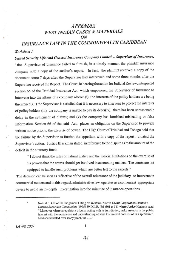 Appendix West Indian Cases Materials On Insurance Law in The ...