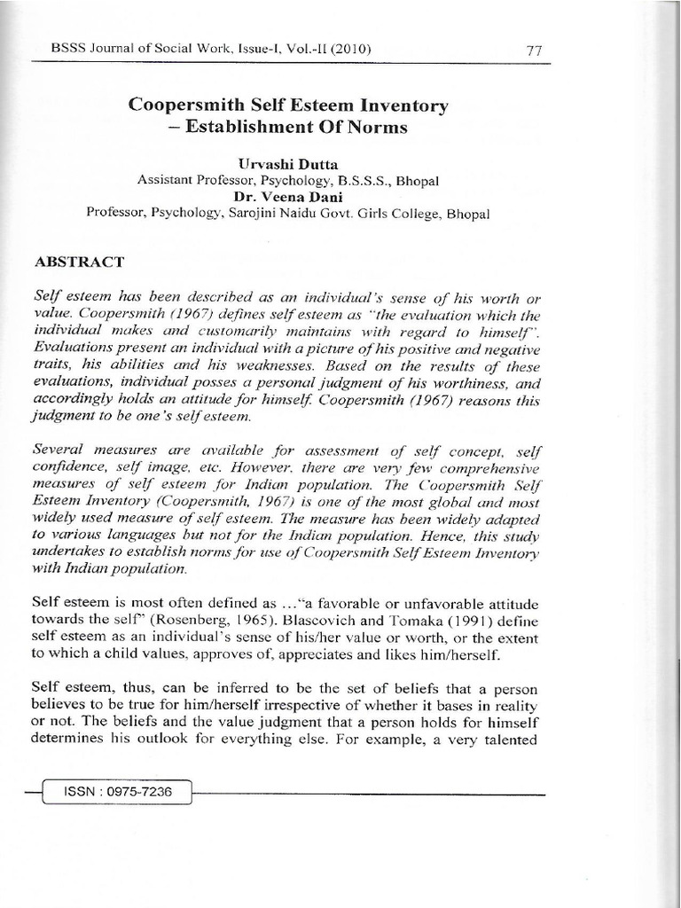 2coopersmith Self-Esteem Inventory - Establishment of Norms | PDF