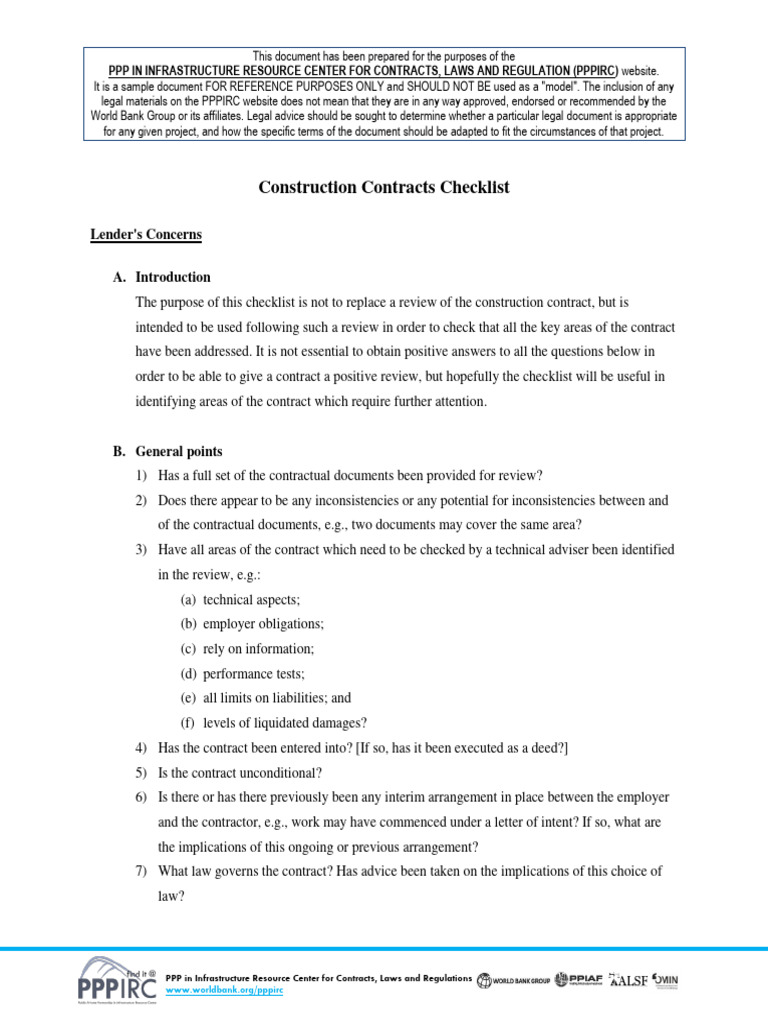 Construction Contracts Checklist | PDF | Arbitration | Employment