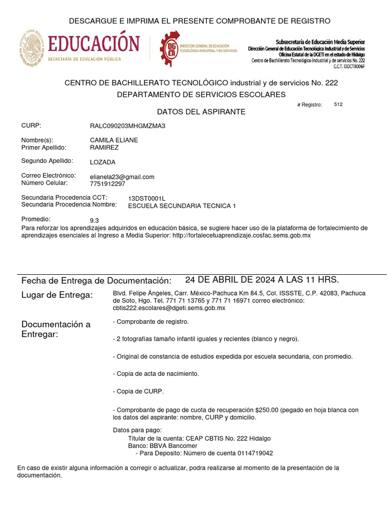 Comprobante de Registro CBTIS 222 | PDF