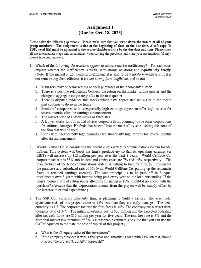 2023-2 Assignment1 | Download Free PDF | Cost Of Capital | Debt