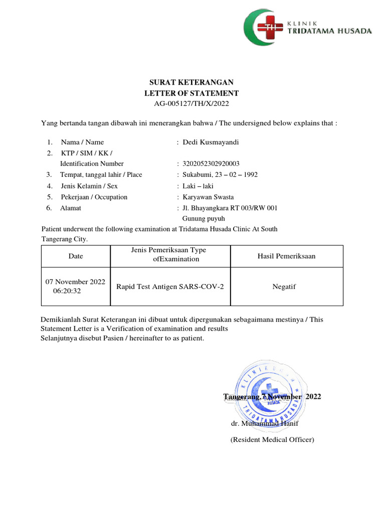 Surat Antigen Dedi, Stepen | PDF