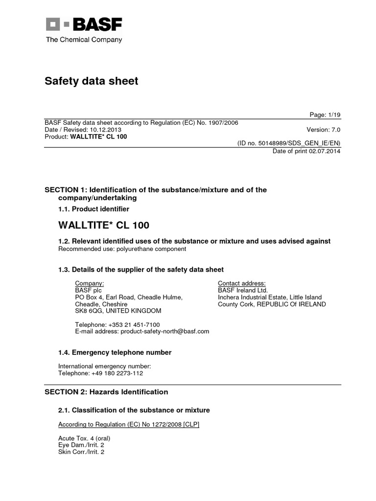 BASF Walltite CL100 - Resin MSDS | PDF | Chemistry