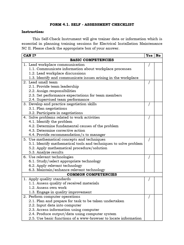 Form 4.1 Self-Assessment Checklist | Download Free PDF | Information | Data