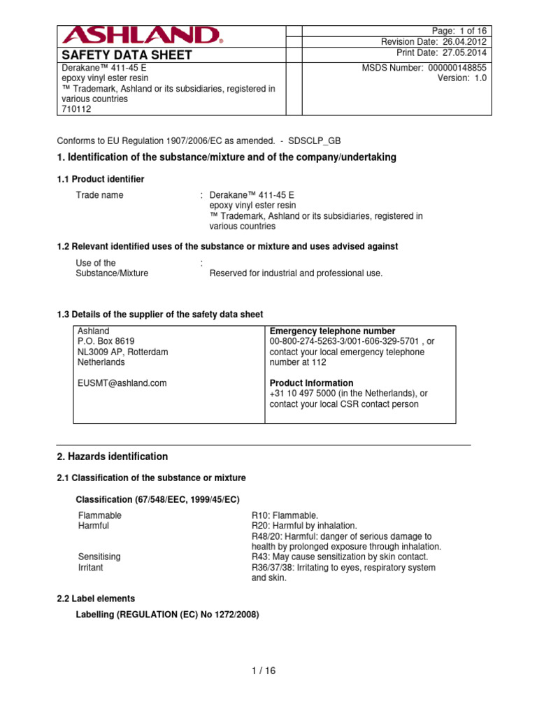 DERAKANE 411 45 Vinyl Ester Resin MSDS | PDF | Dangerous Goods | Safety