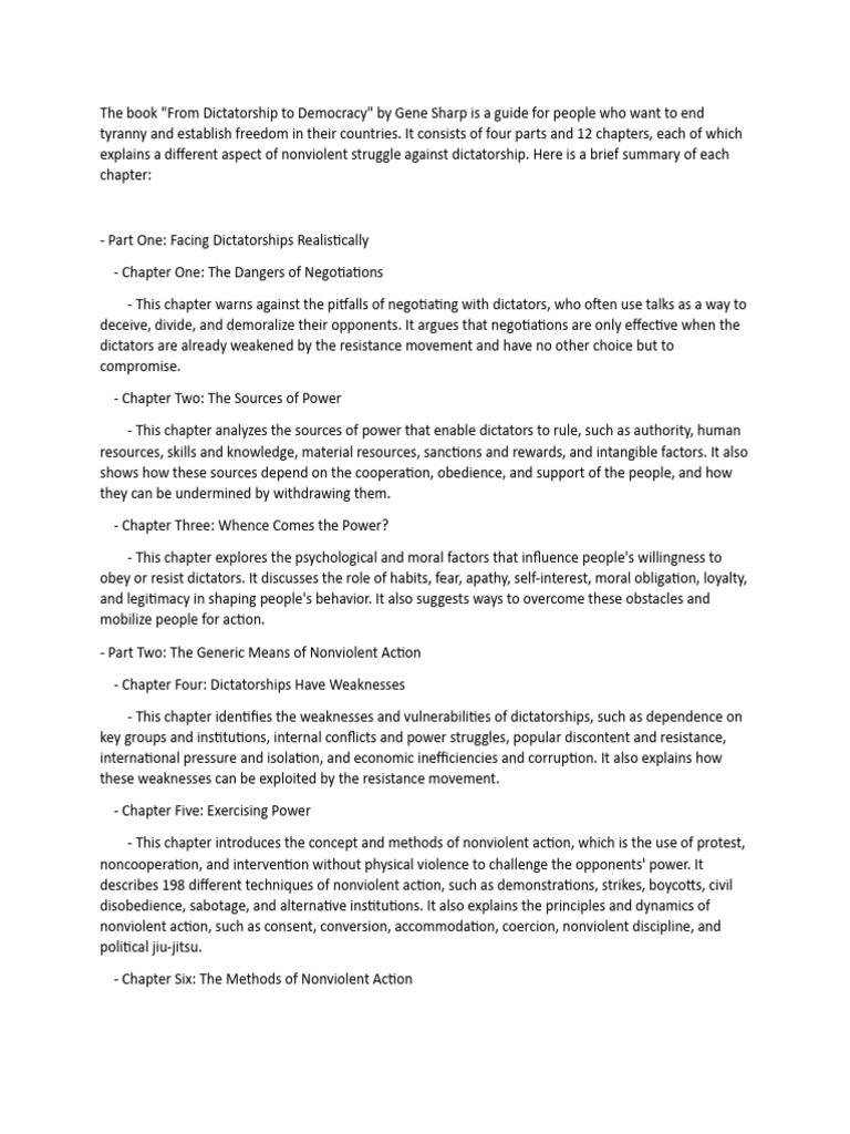 Chat GPT4 Book Summary From Dictatorship To Democracy | PDF | Nonviolence | Dictatorship